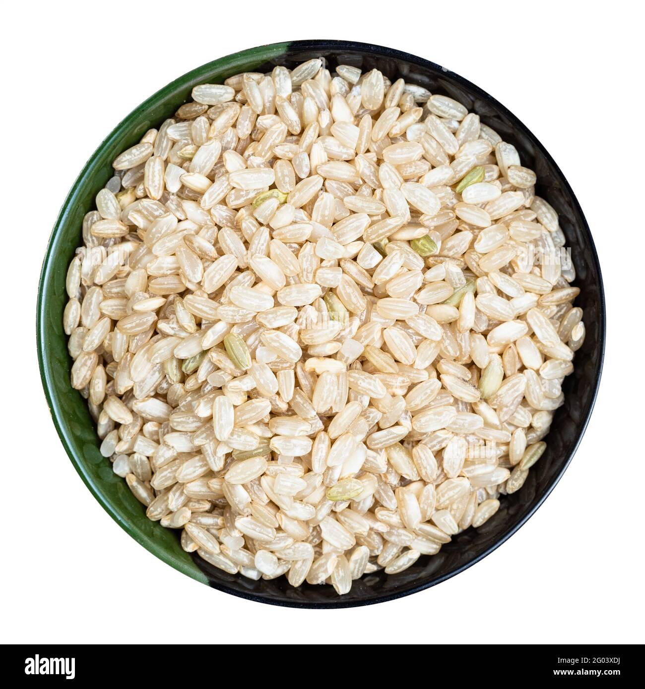 top view of unpolished brown rice in round bowl isolated on white ...