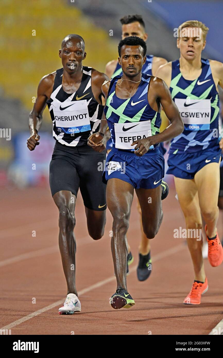 Samuel Tefera (ETH) and Timonty Cheruiyot (KEN) lead the 1,500m during ...