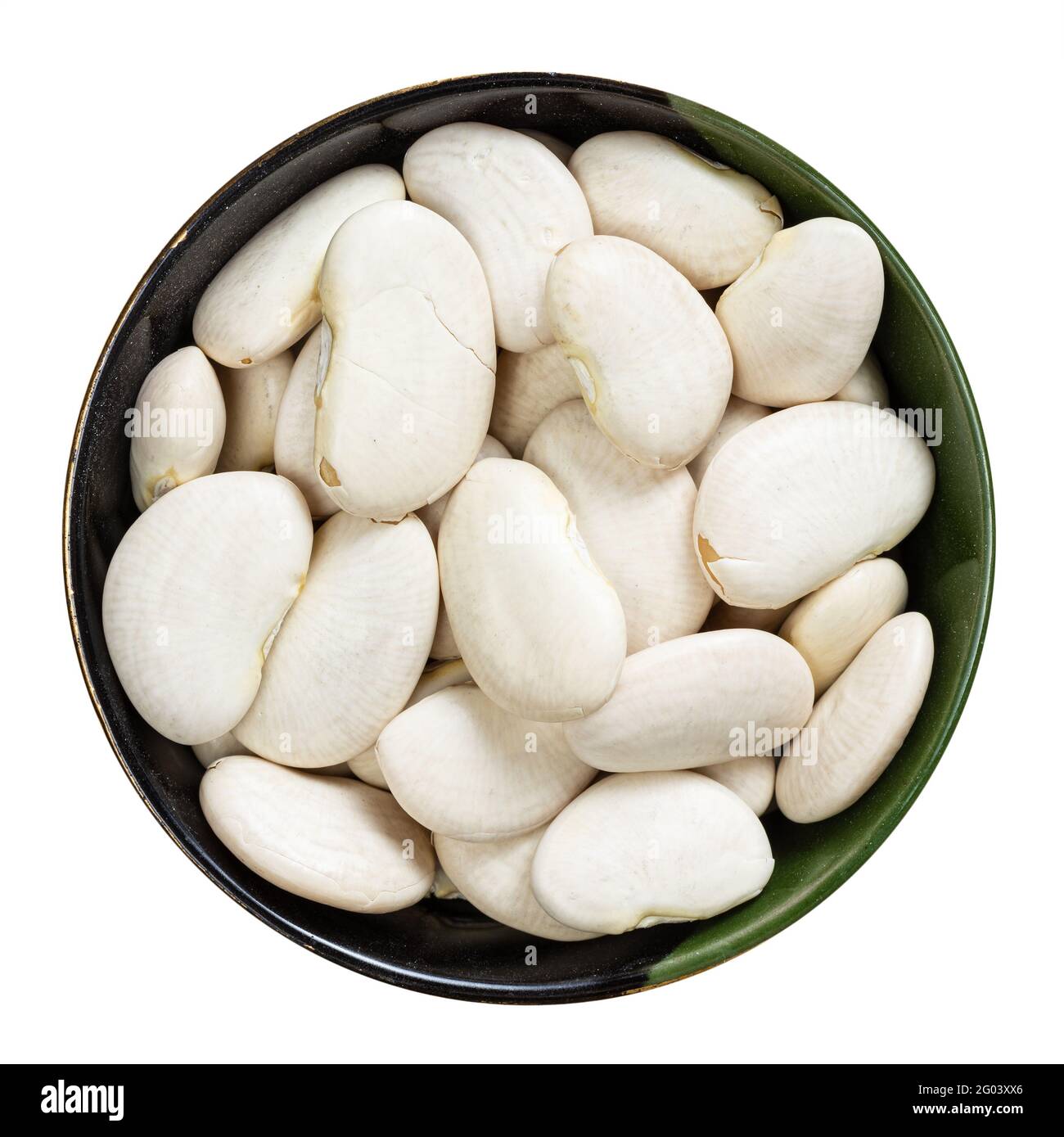 top view of raw lima beans in round bowl isolated on white background ...