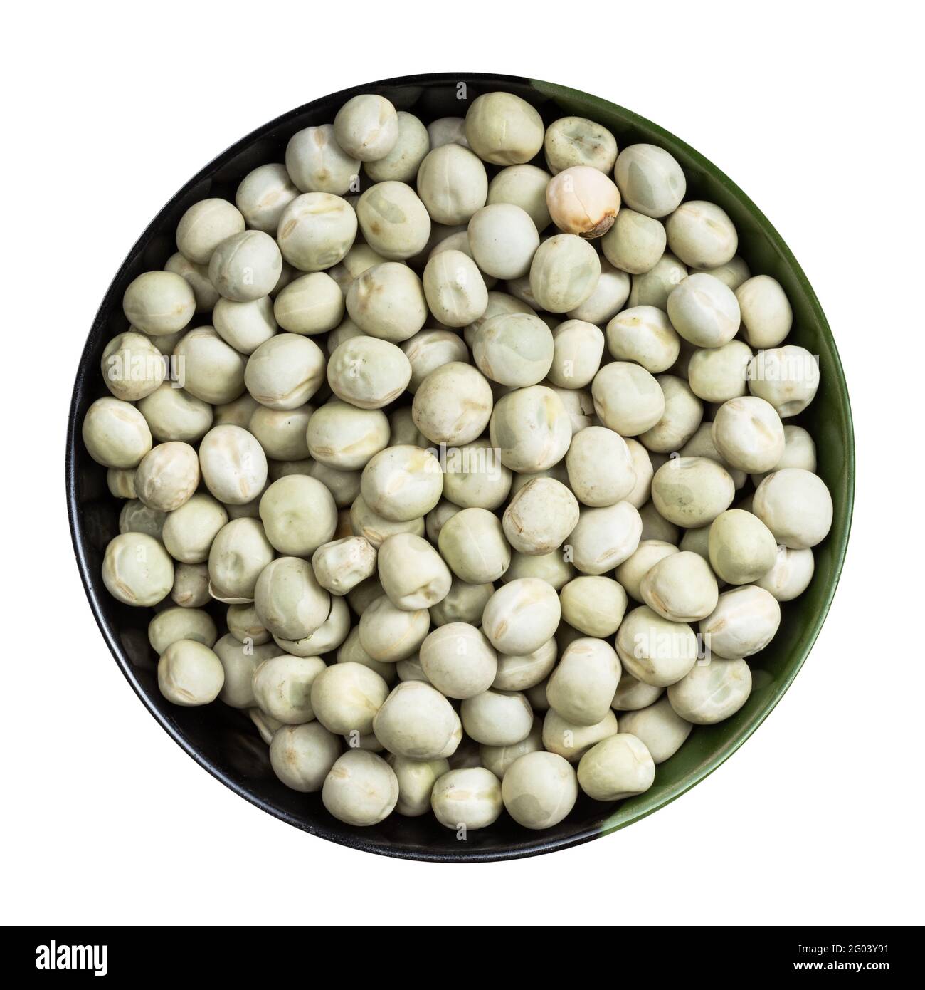 top view of dried whole green peas in round bowl isolated on white ...