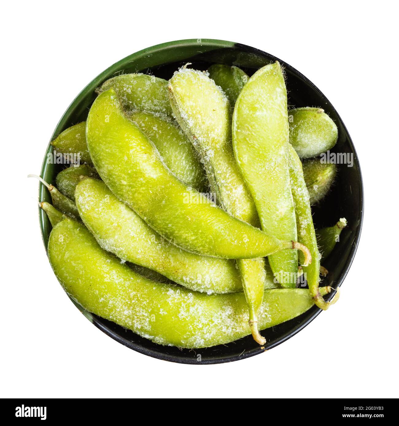top view of frozen Edamame (unripe soybeans) pods in round bowl ...