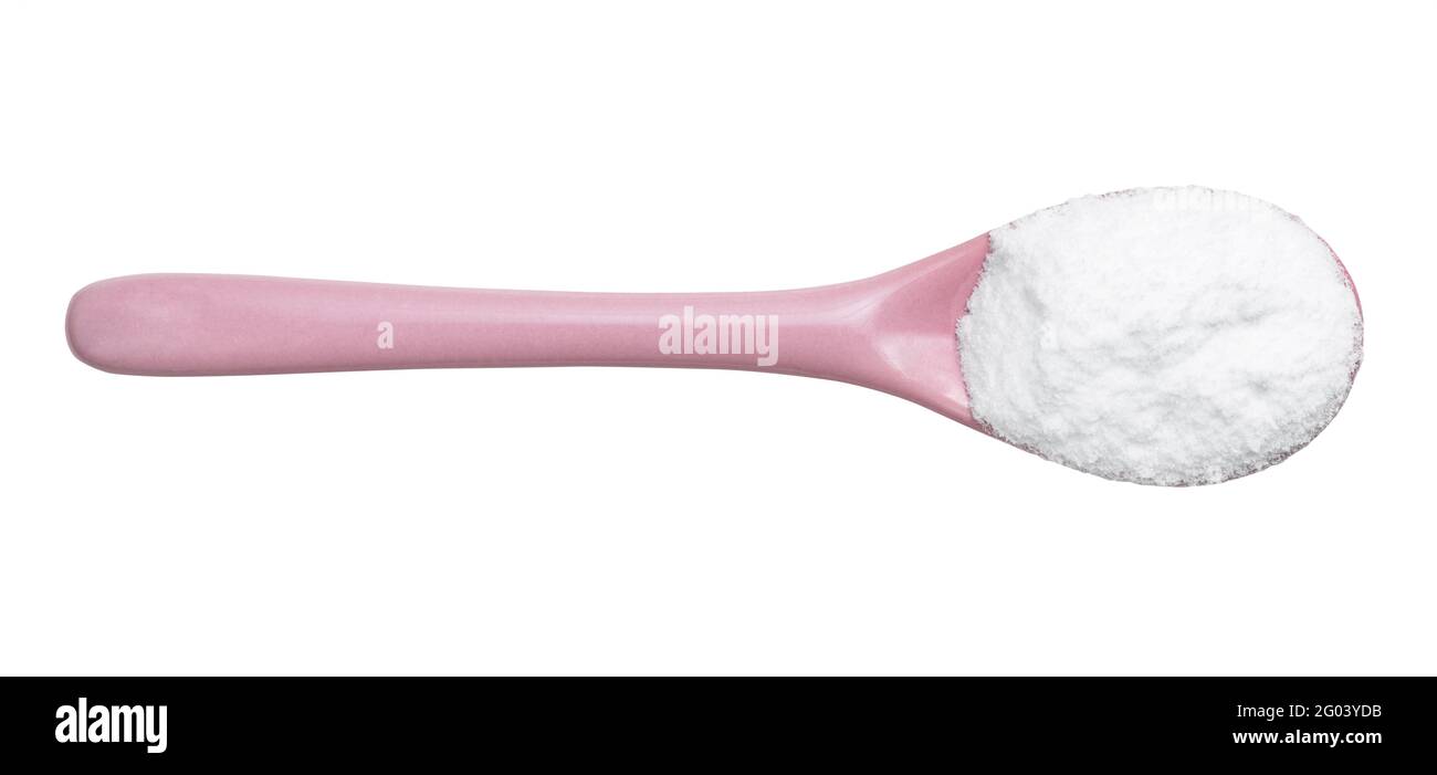 top view of dextrose sugar in pink ceramic spoon isolated on white ...