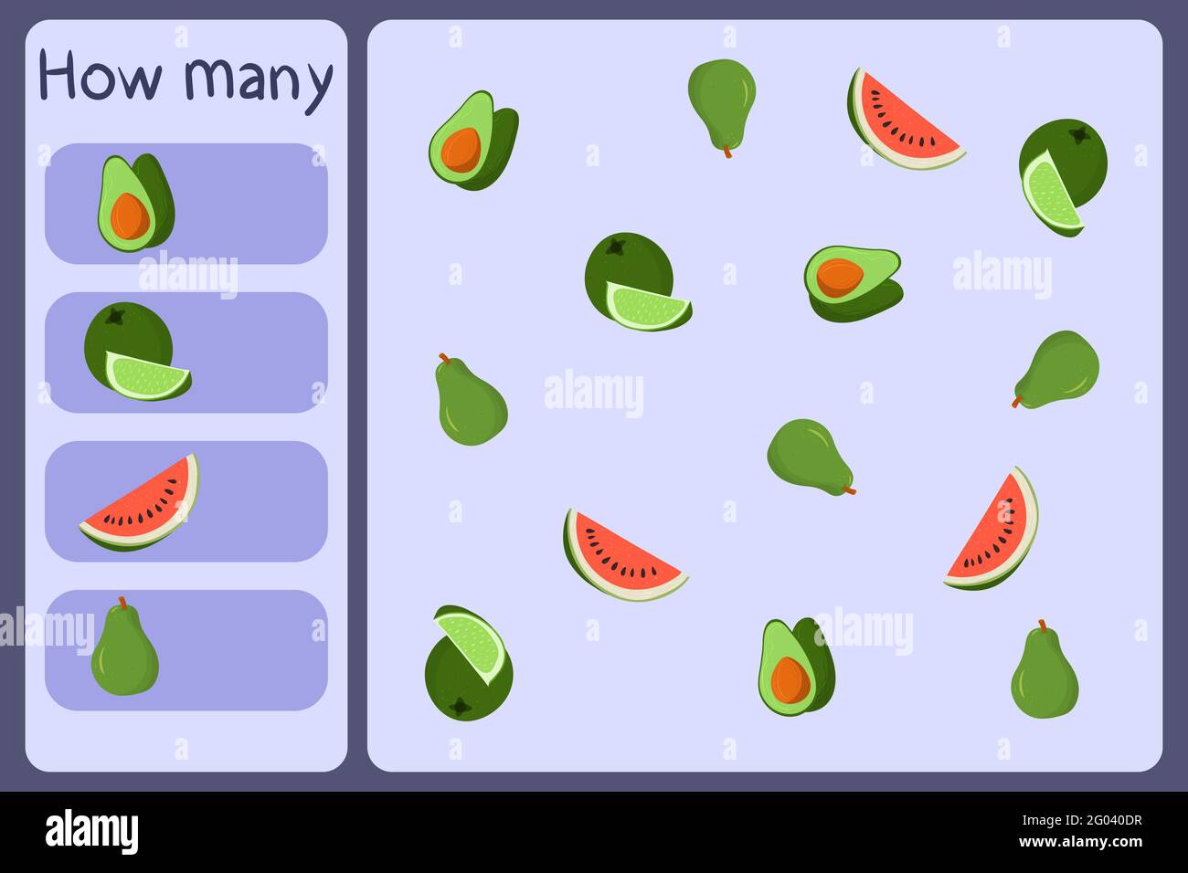 Kids mathematical mini game - count how many fruits - avocado, lime ...