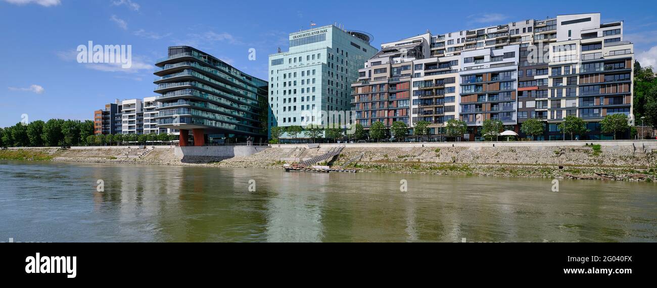 Grand Hotel River Park Bratislava and Danube river panorama, Slovakia ...