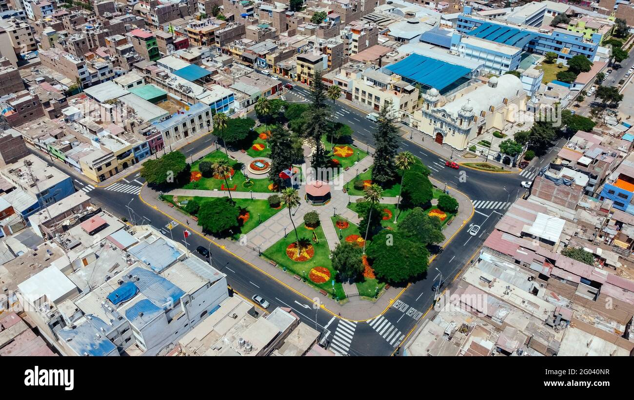 Aerial view of the main square of Santiago de Surco, located in the ...