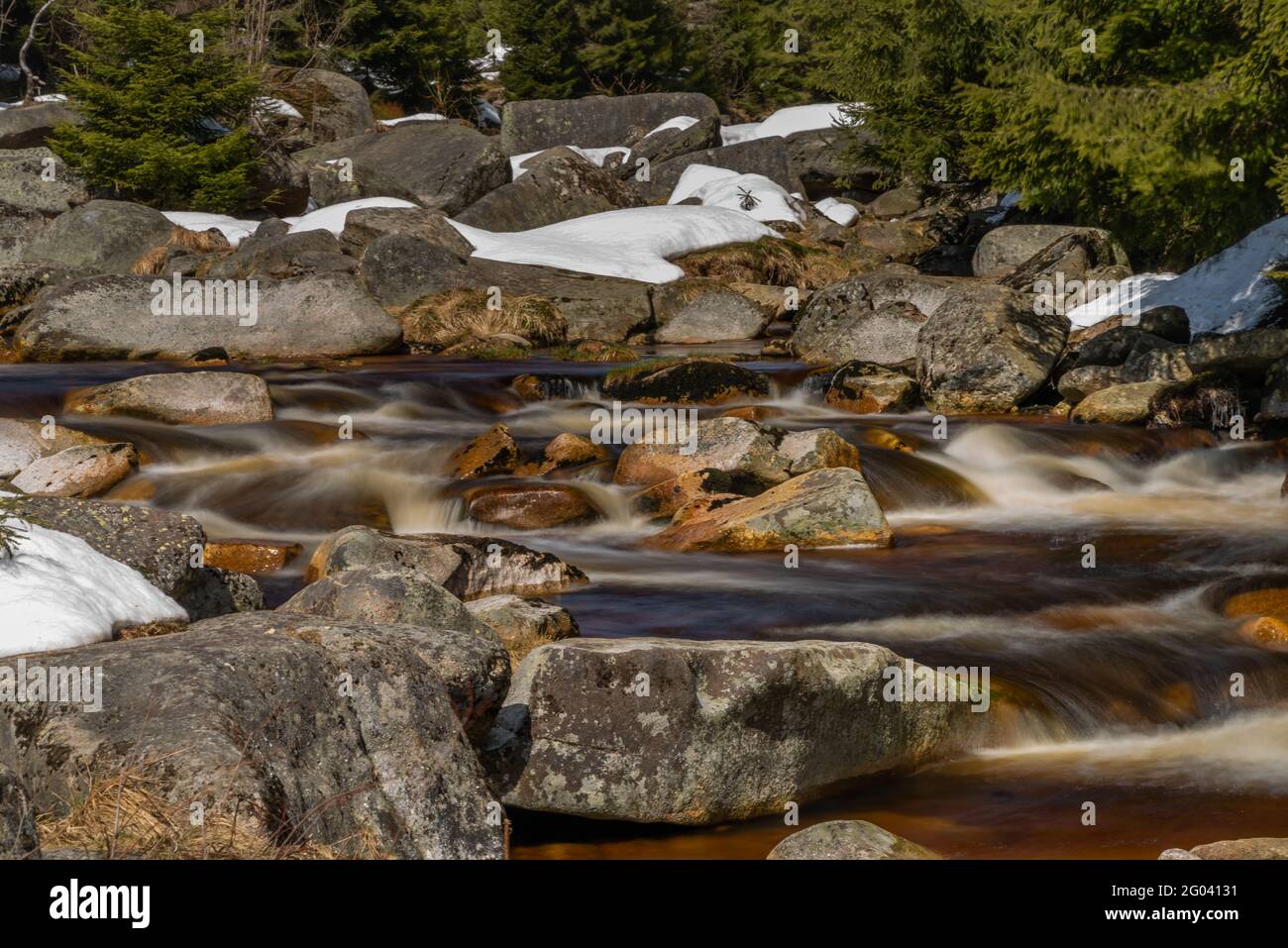 Color Jizerka river near confluence with Jizera creek in spring winter ...