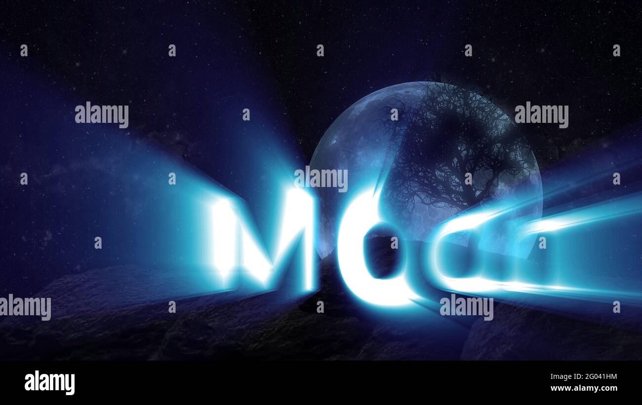 Glowing Moon text in front of tree and moon at the background Stock ...