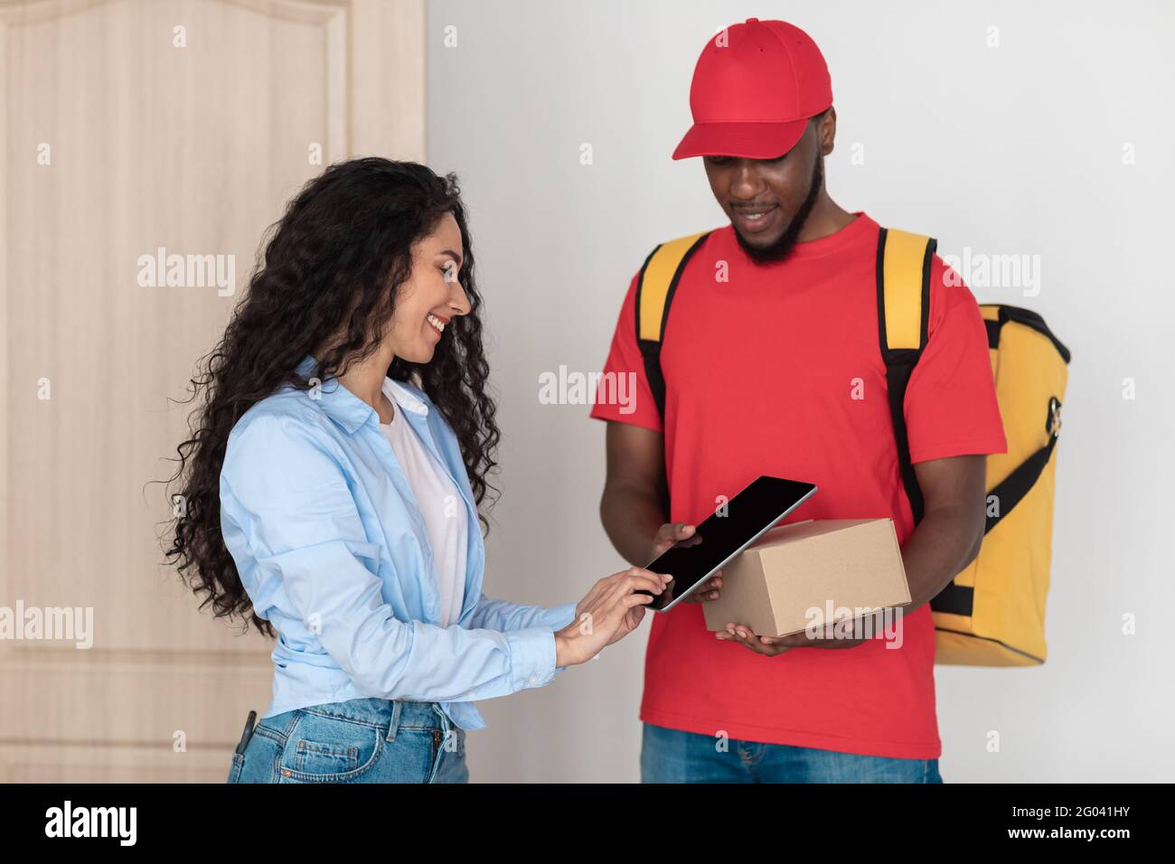 Smiling Female Customer Receiving Order Signing Digital Form Stock ...