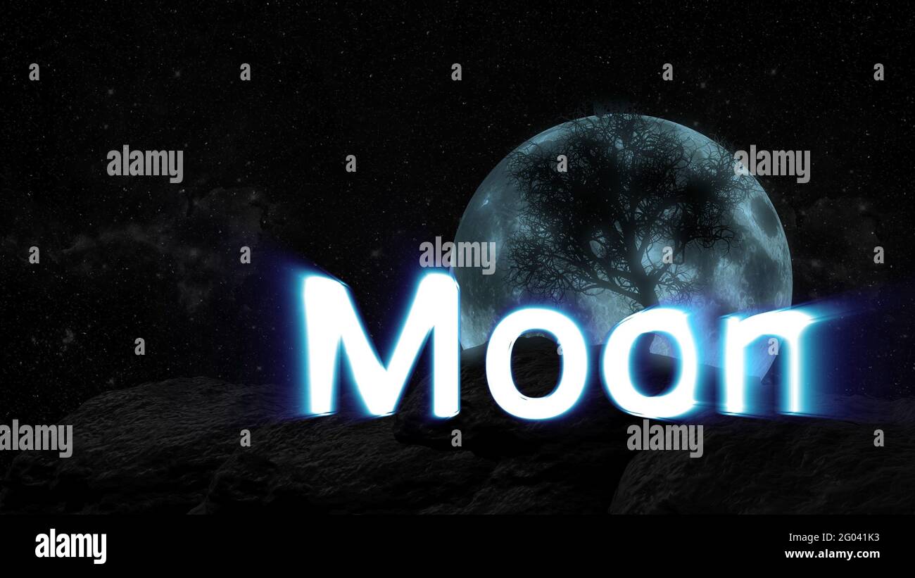 Glowing Blue Moon text in front of tree and moon at the background ...