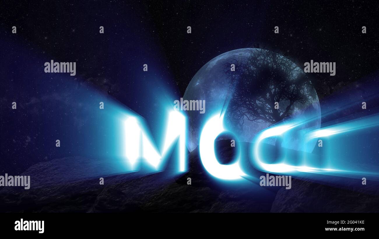 Glowing Blue Moon text in front of tree and moon at the background ...