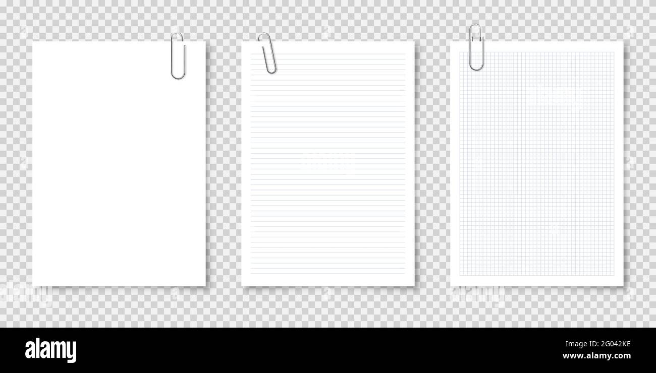 Realistic blank paper sheets in A4 format with metal clip, holder on ...