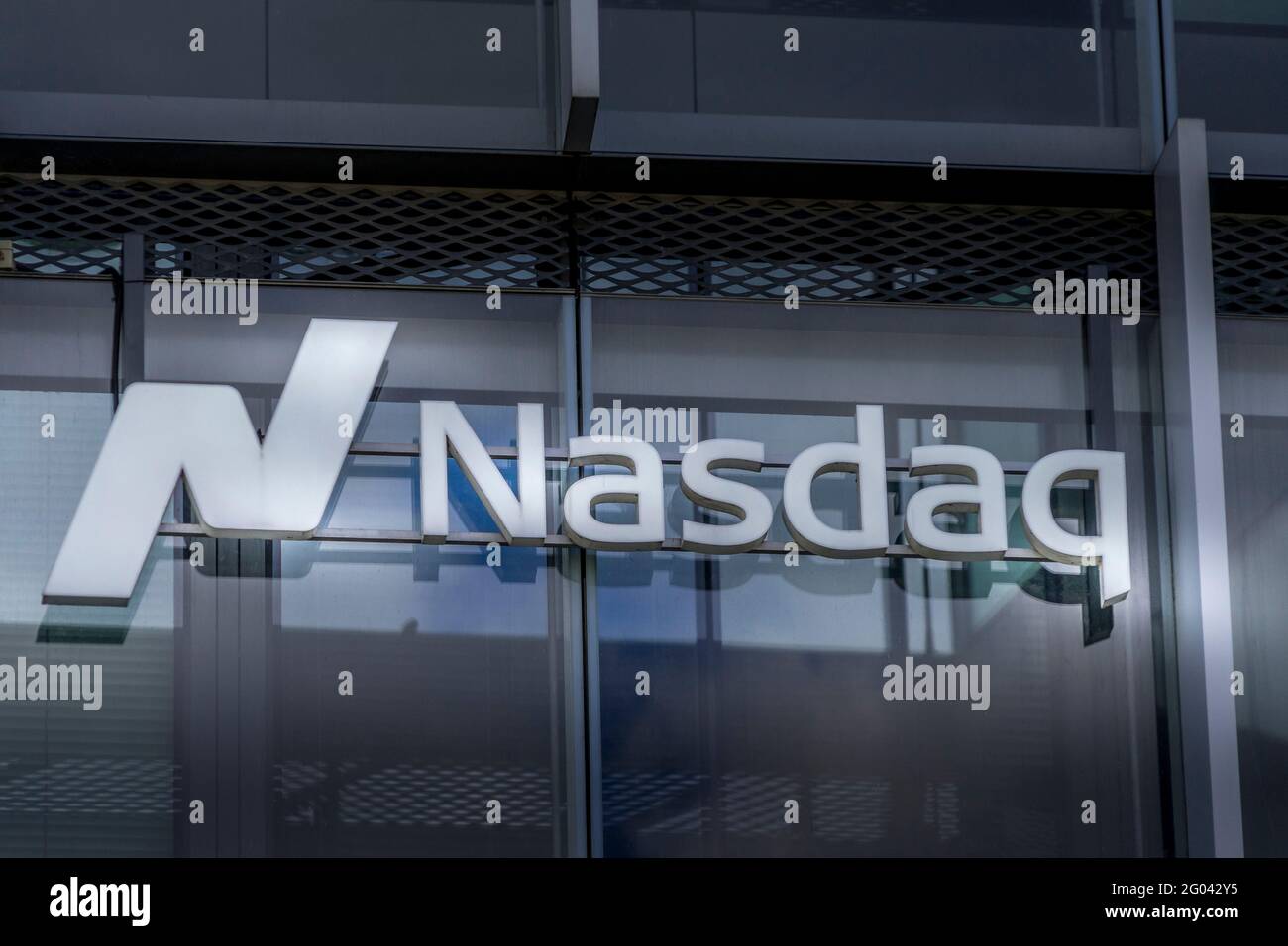 Nasdaq company logo sign on modern office in Vilnius, Lithuania, May 30 ...