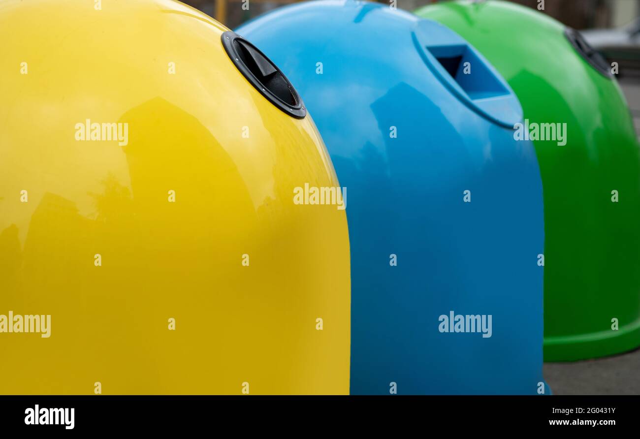 Waste Sorting. Closeup Of Colorful Garbage Containers For Different ...