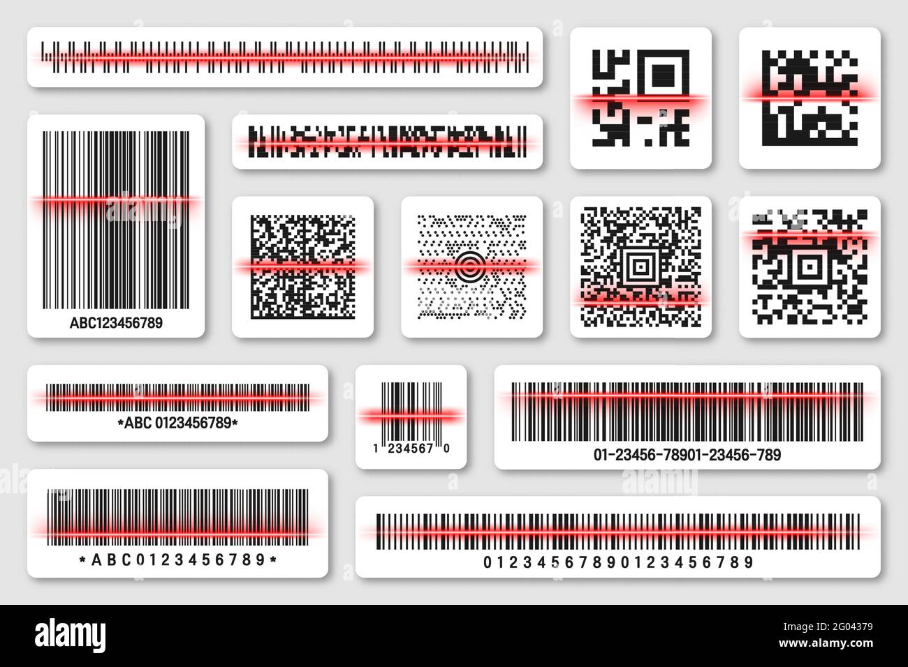 Product barcodes and QR codes with red scanning line. Identification ...
