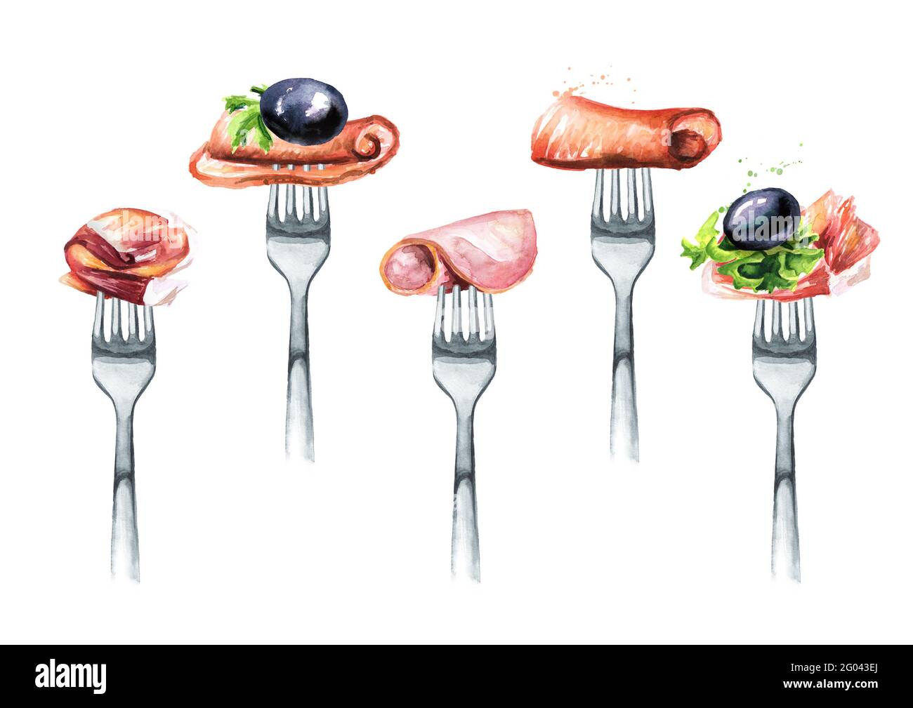 Smoked meet snacks on a fork. Concept of diet and healthy eating. Hand ...