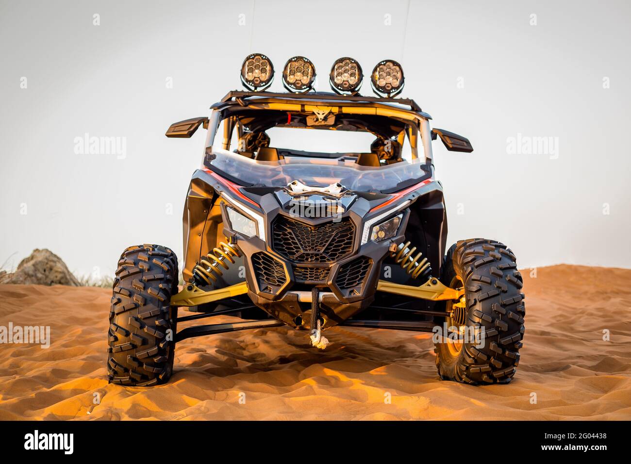 Sharjah, UAE, 16.01.2021. Modern dune buggy with light bar front view ...