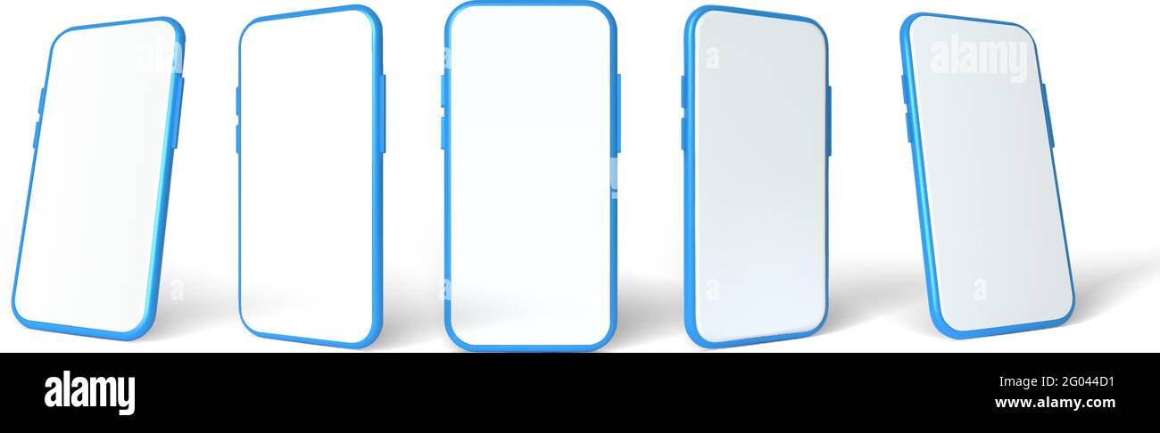 Blue smartphone mockup, 3D vector template set. Mobile phone front view ...