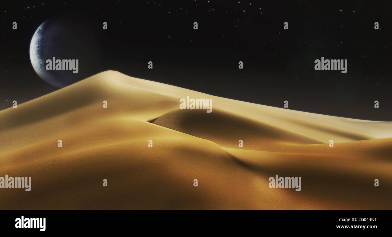 Sand dunes in a desert 3D illustration night landscape with a big ...