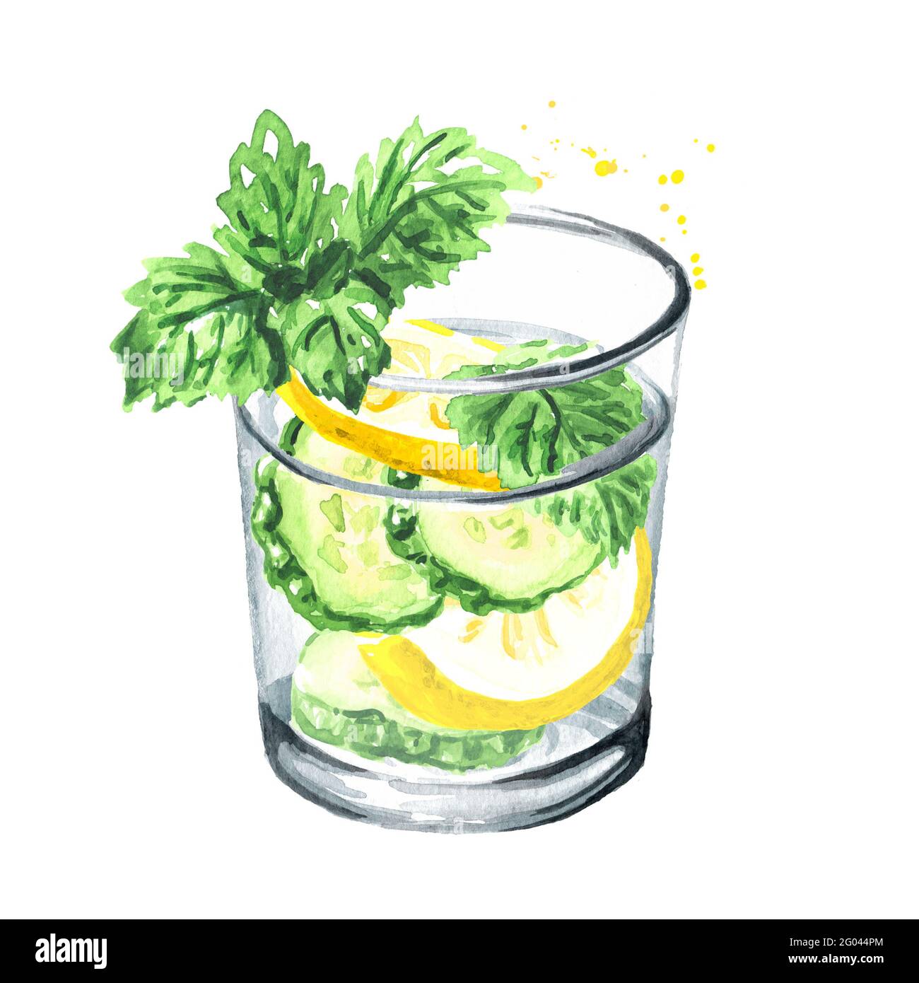 Glass of purified drinking water with fresh lemon and cucumber slices ...