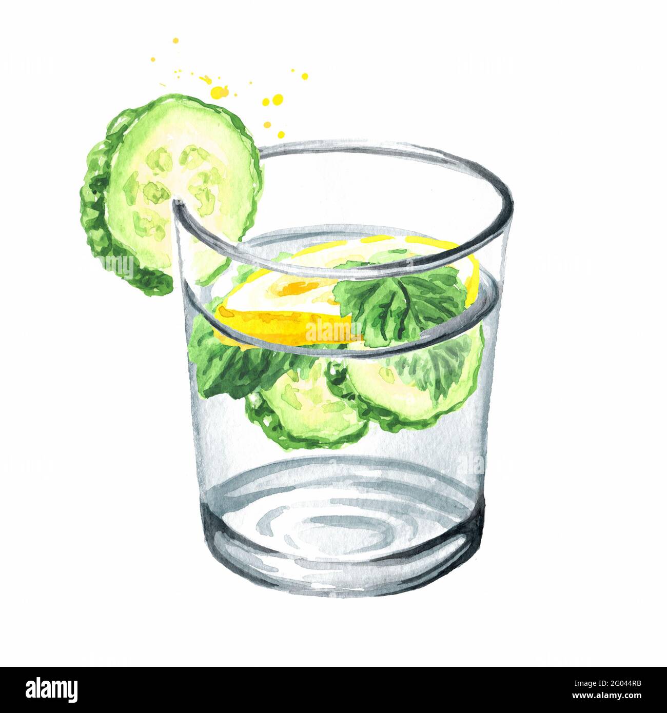 Glass of purified drinking water with fresh lemon and cucumber slices ...