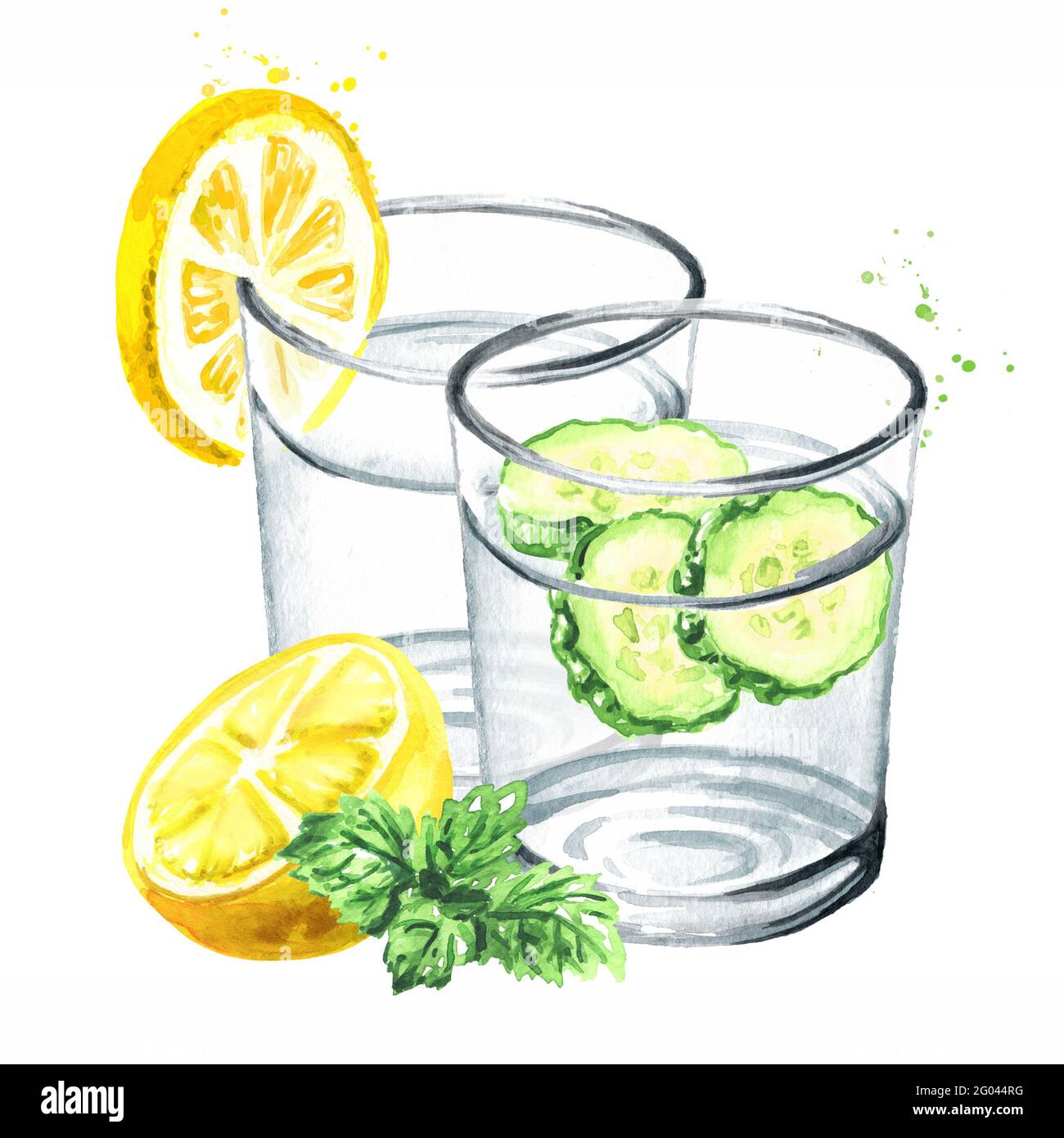 Glass of purified drinking water with fresh lemon and with cucumber ...