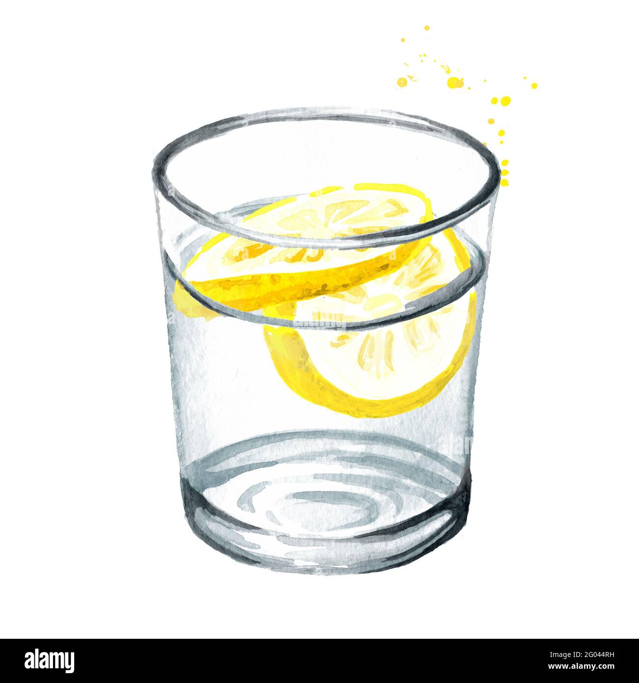 Glass of purified drinking water with fresh lemon slices. Hand drawn ...