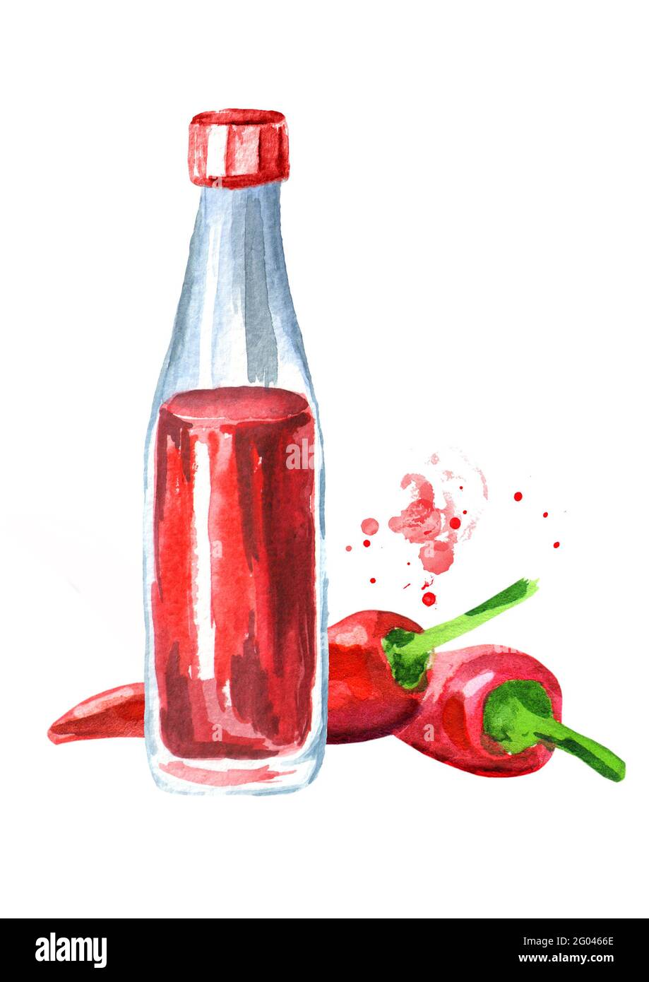 Tabasco sauce bottle and red hot Chili pepper. Watercolor hand drawn ...