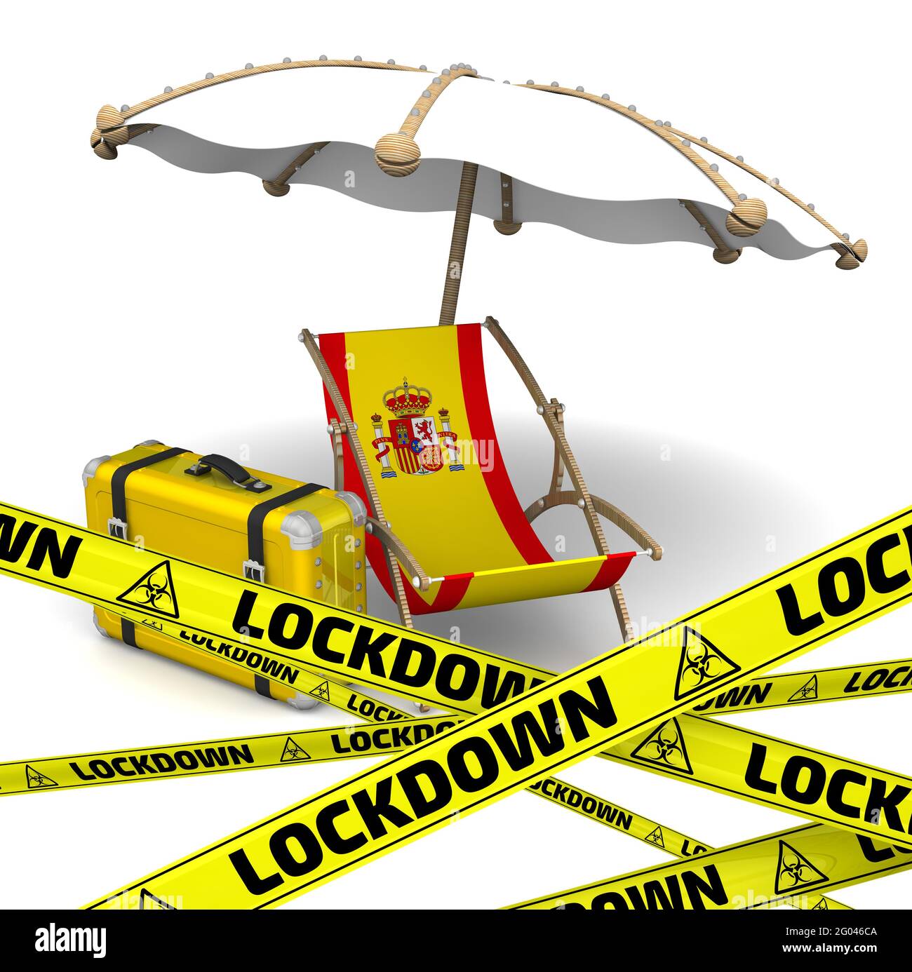 Tourist lockdown in Spain. Empty sunbed with the flag of Spain, an ...