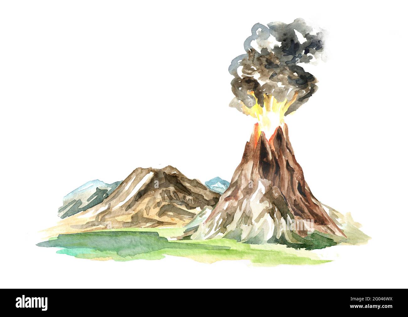Active volcano, Watercolor hand drawn illustration, isolated on white ...