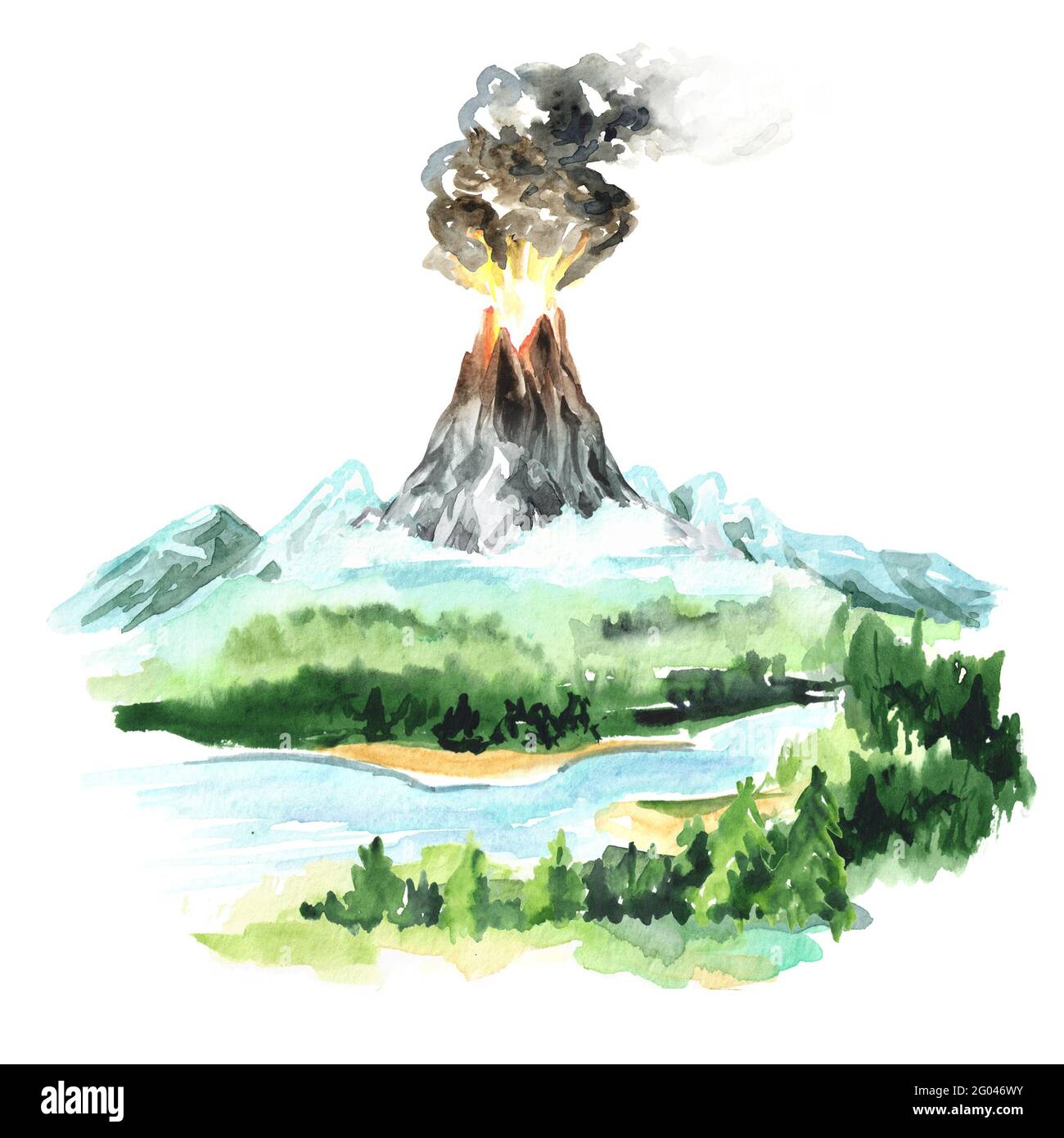 Landscape with active volcano. Watercolor hand drawn illustration ...