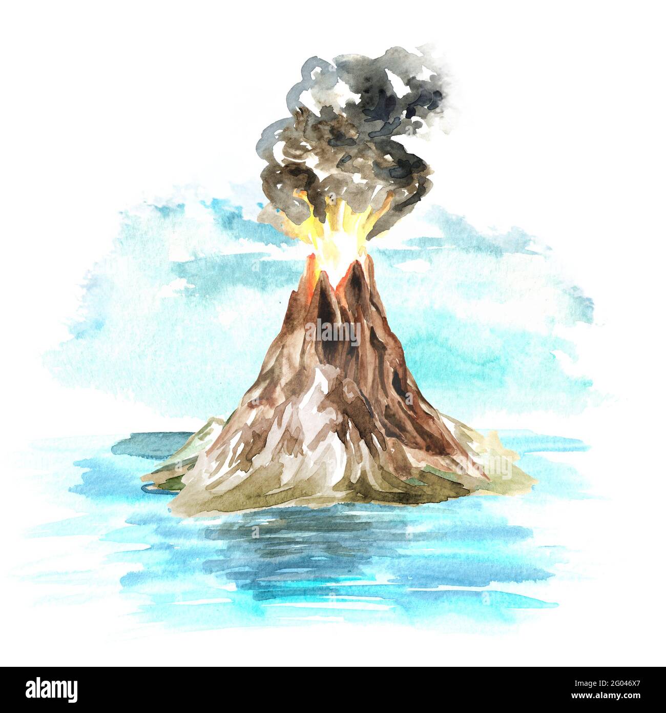 Volcano in the ocean. Watercolor hand drawn illustration Stock Photo ...