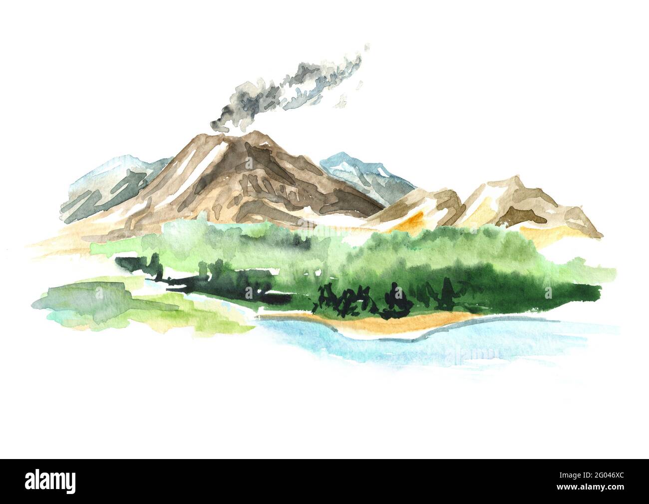 Landscape with active volcano, Watercolor hand drawn illustration ...