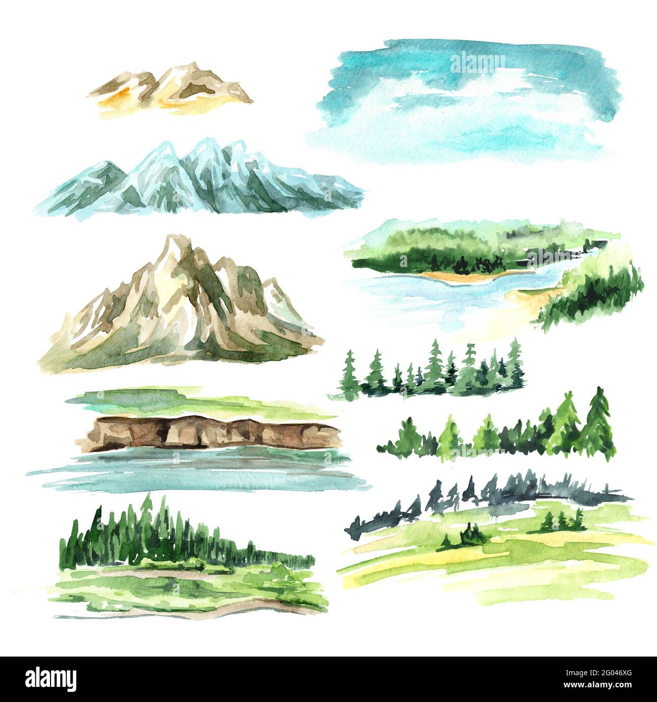 Landscape elements with mountains. Watercolor hand drawn illustration ...