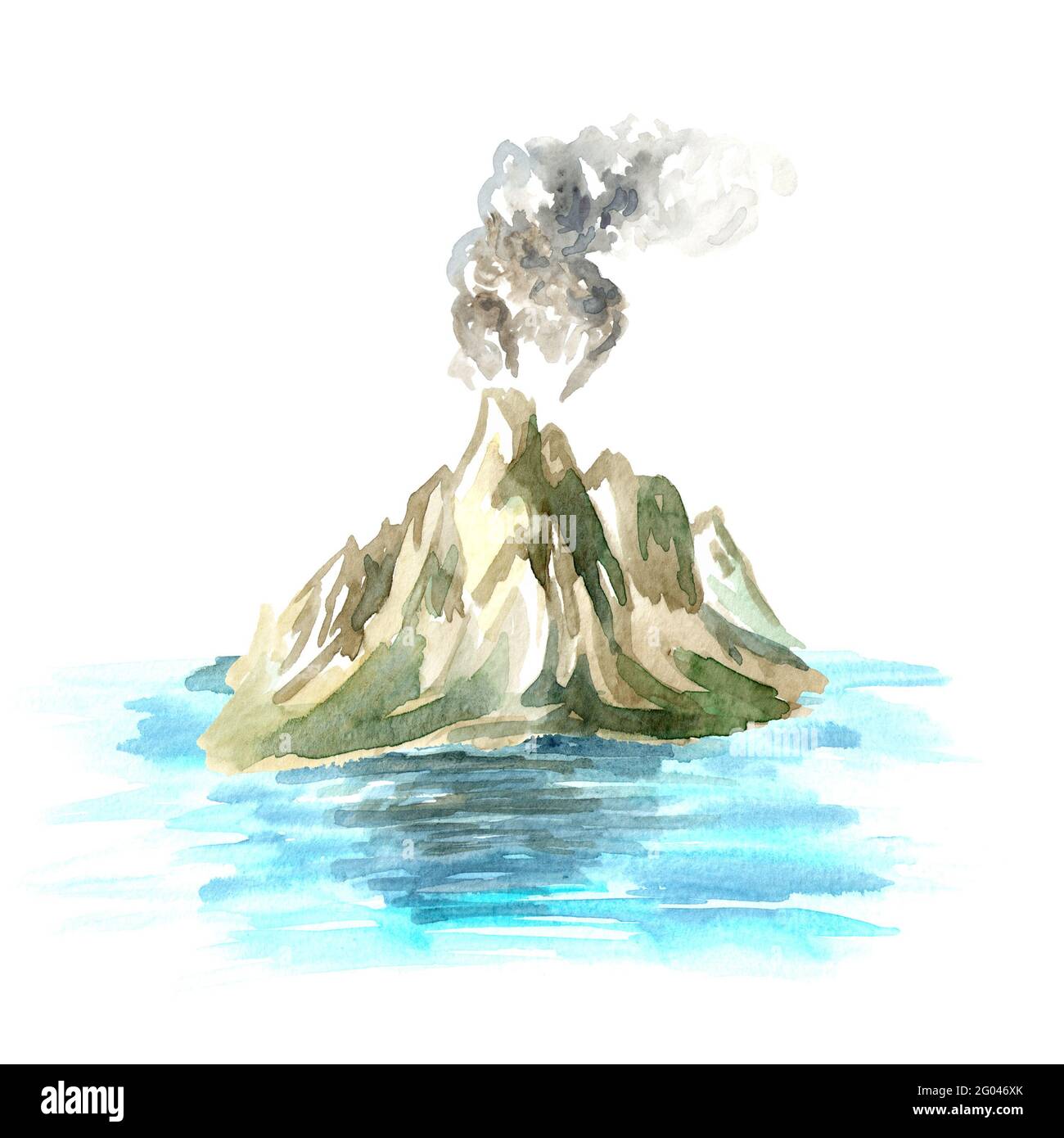 Volcano in the ocean, Watercolor hand drawn illustration Stock Photo ...