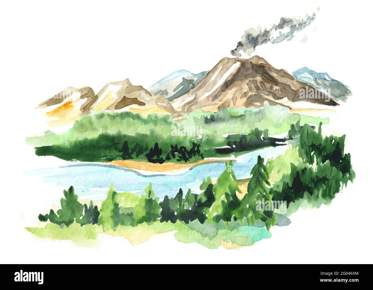 Landscape with active volcano, Watercolor hand drawn isolated ...