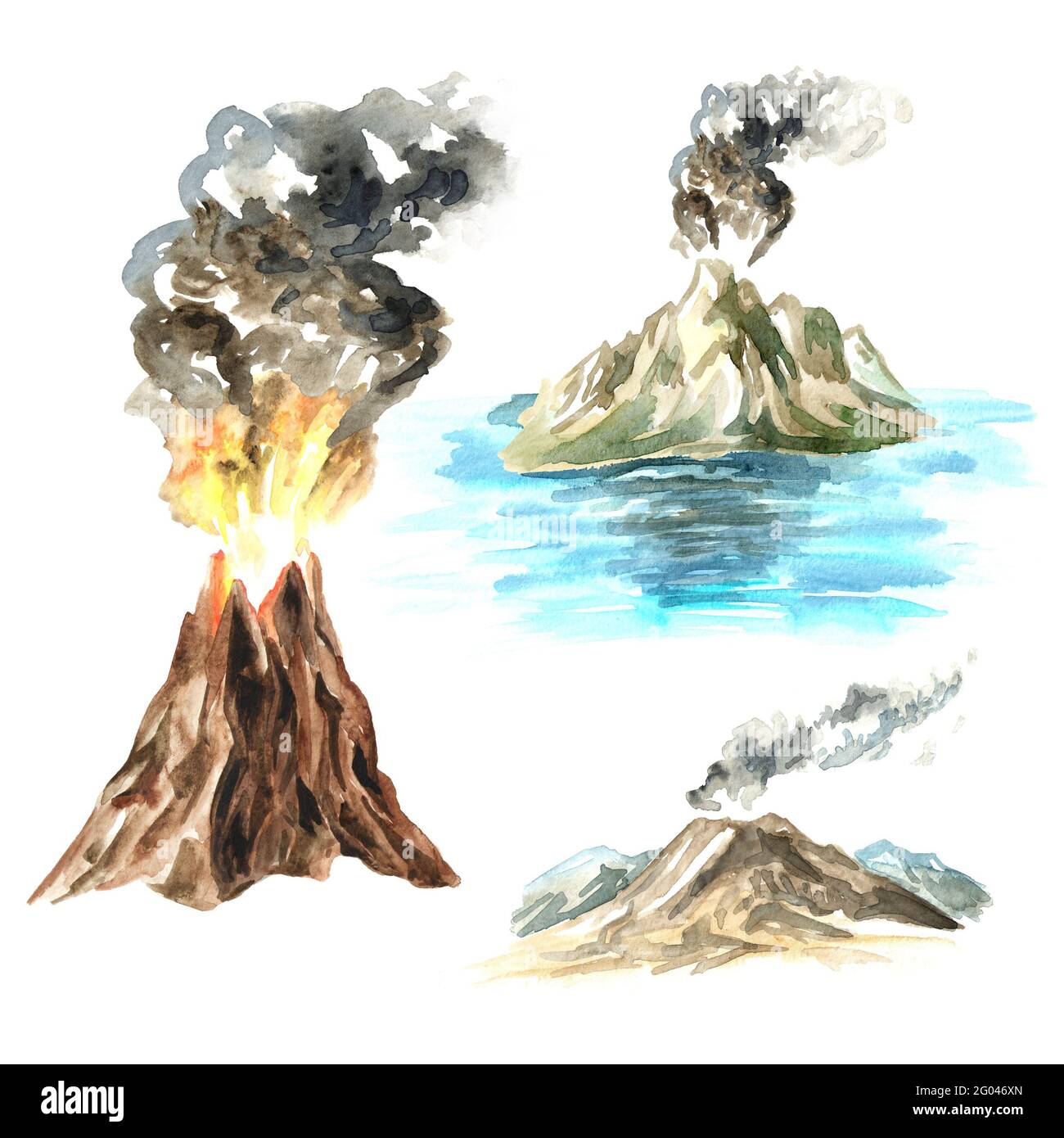 Volcano set. Watercolor hand drawn illustration, isolated on white ...