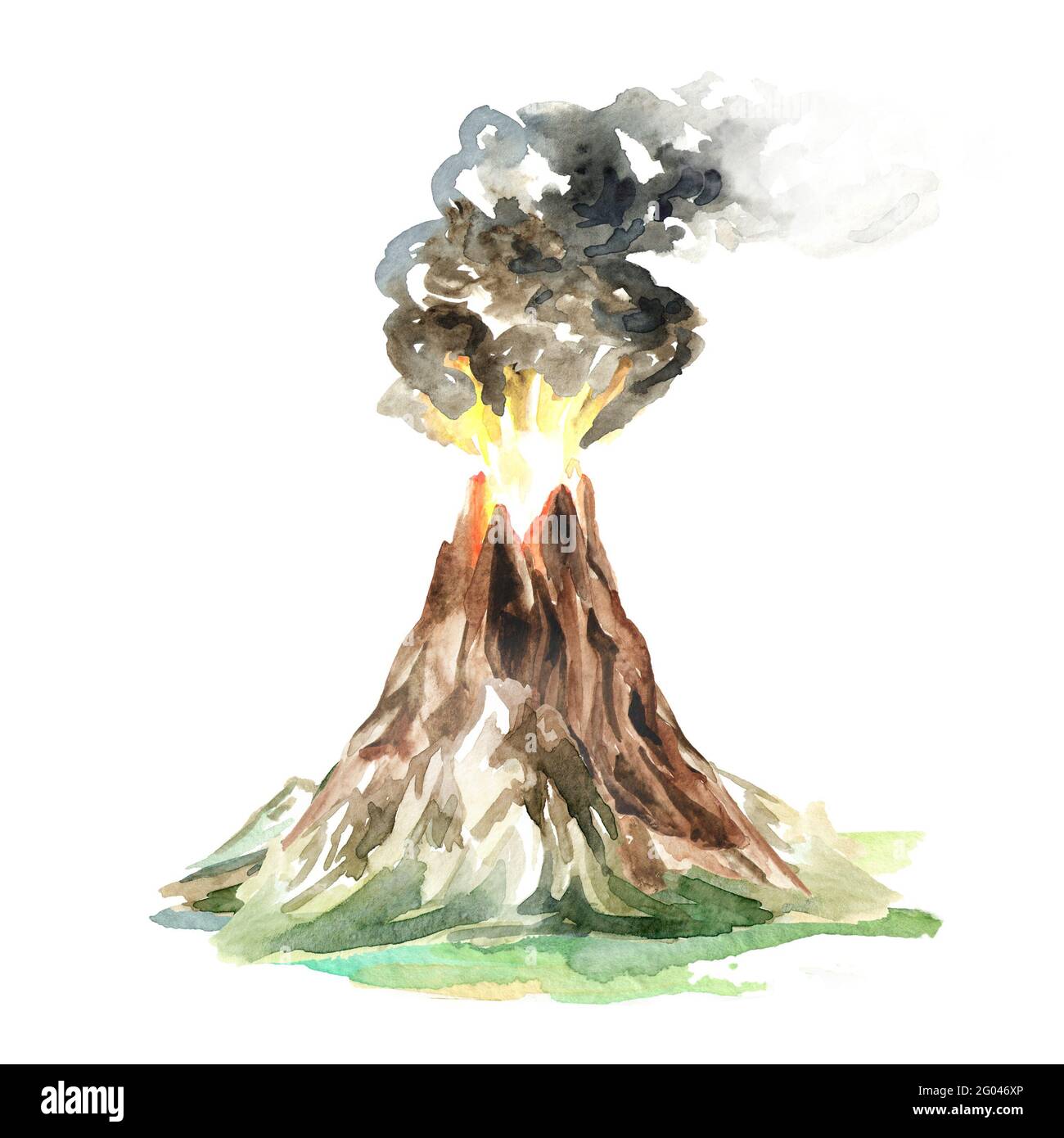 Volcano. Watercolor hand drawn illustration, isolated on white ...