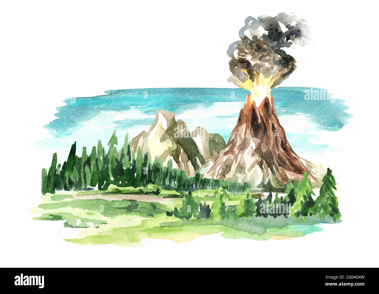 Landscape with volcano, Watercolor hand drawn illustration Stock Photo ...