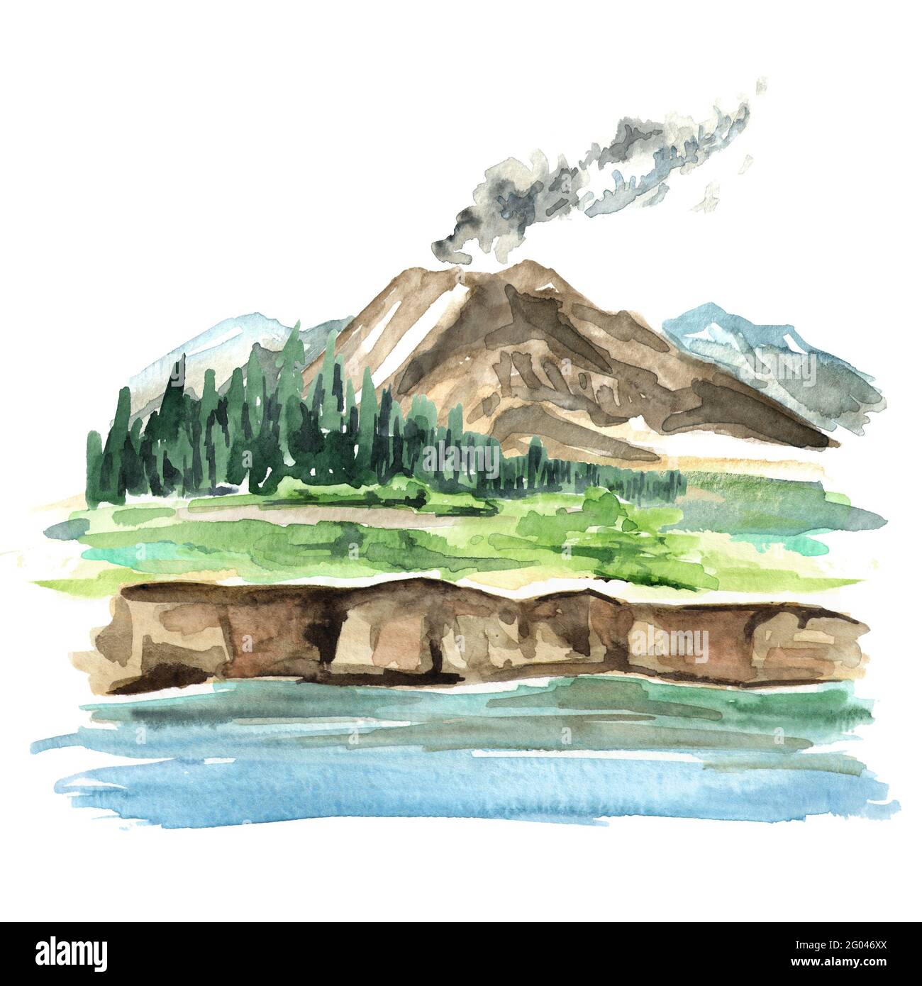 Landscape with active volcano, Watercolor hand drawn illustration Stock ...