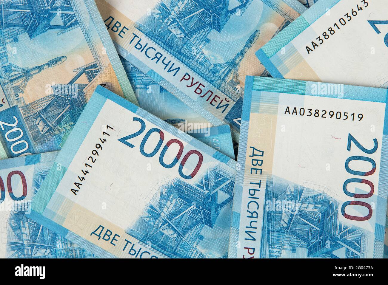Background from Russian money, many banknotes rubles, denomination 2000 ...