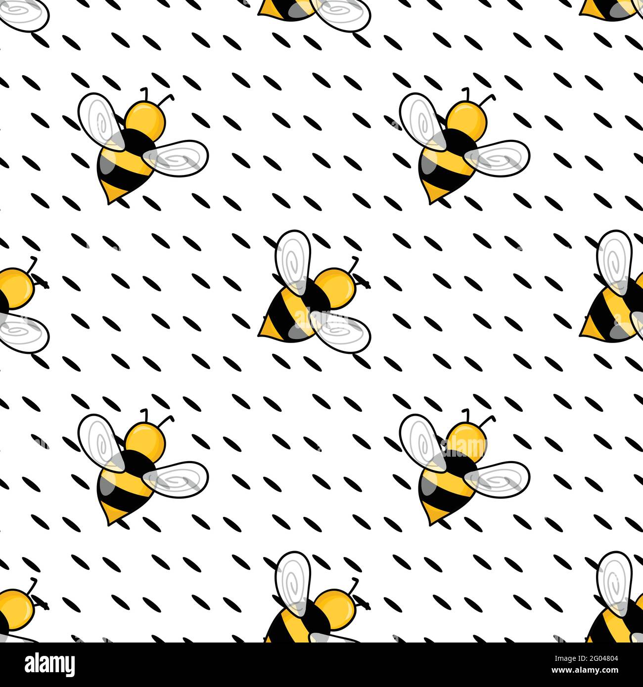 Seamless pattern with bees on white polka dots background. Small wasp ...