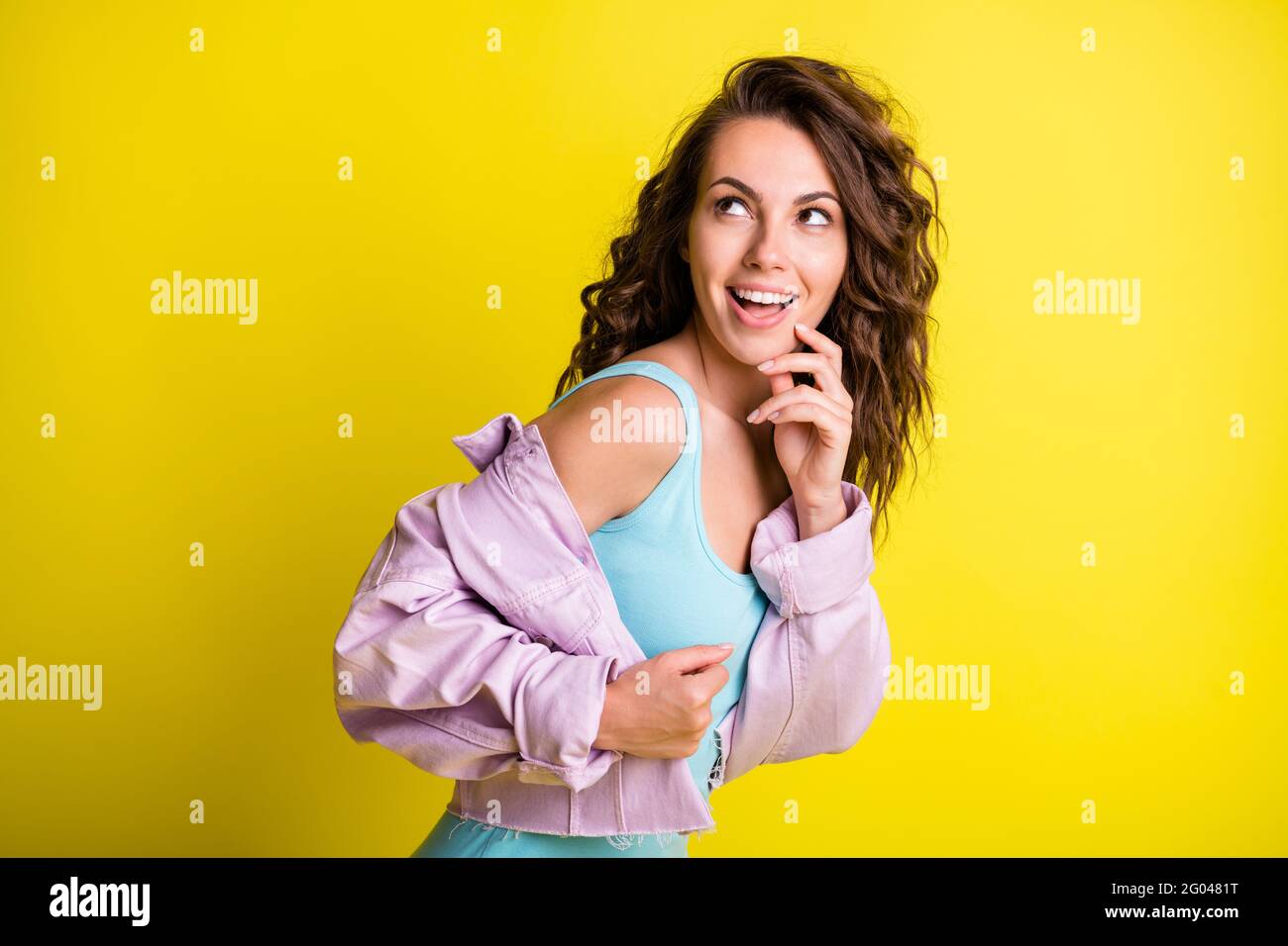 Photo of happy positive good mood gorgeous girl look copyspace thinking ...