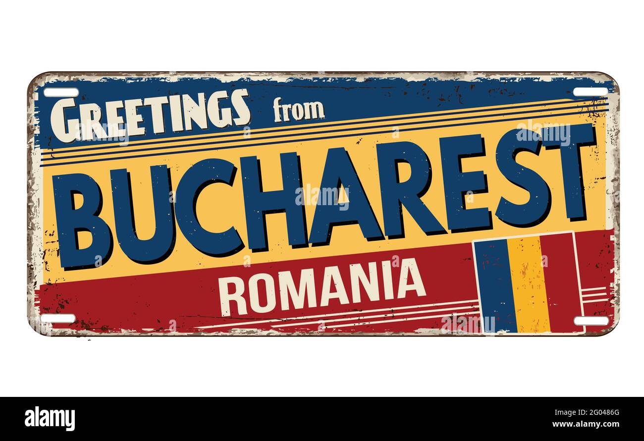 Greetings from Bucharest vintage rusty metal plate on a white ...