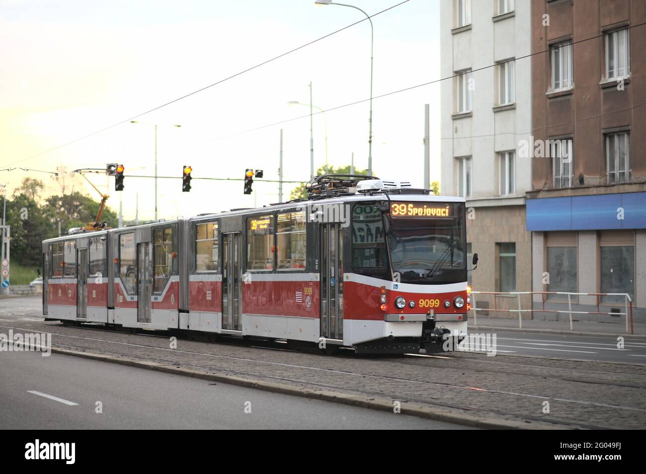 PRAGUE, CZECH REPUBLIC - May 23, 2021: Tramway Tatra KT8D5 line 39 near ...