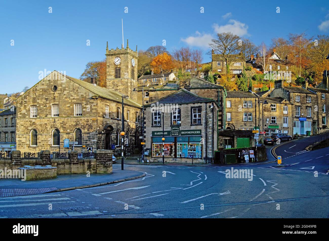 UK, West Yorkshire, Holmfirth Town Centre with Holy Trinity Church ...