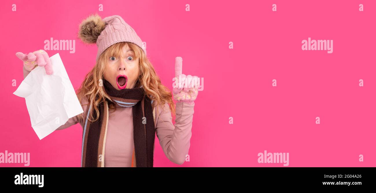 isolated woman warm with surprise and handkerchief from cold Stock ...