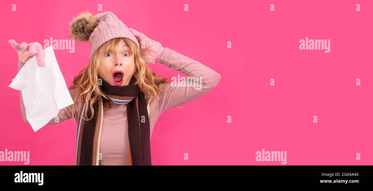 isolated woman warm with surprise and handkerchief from cold Stock ...