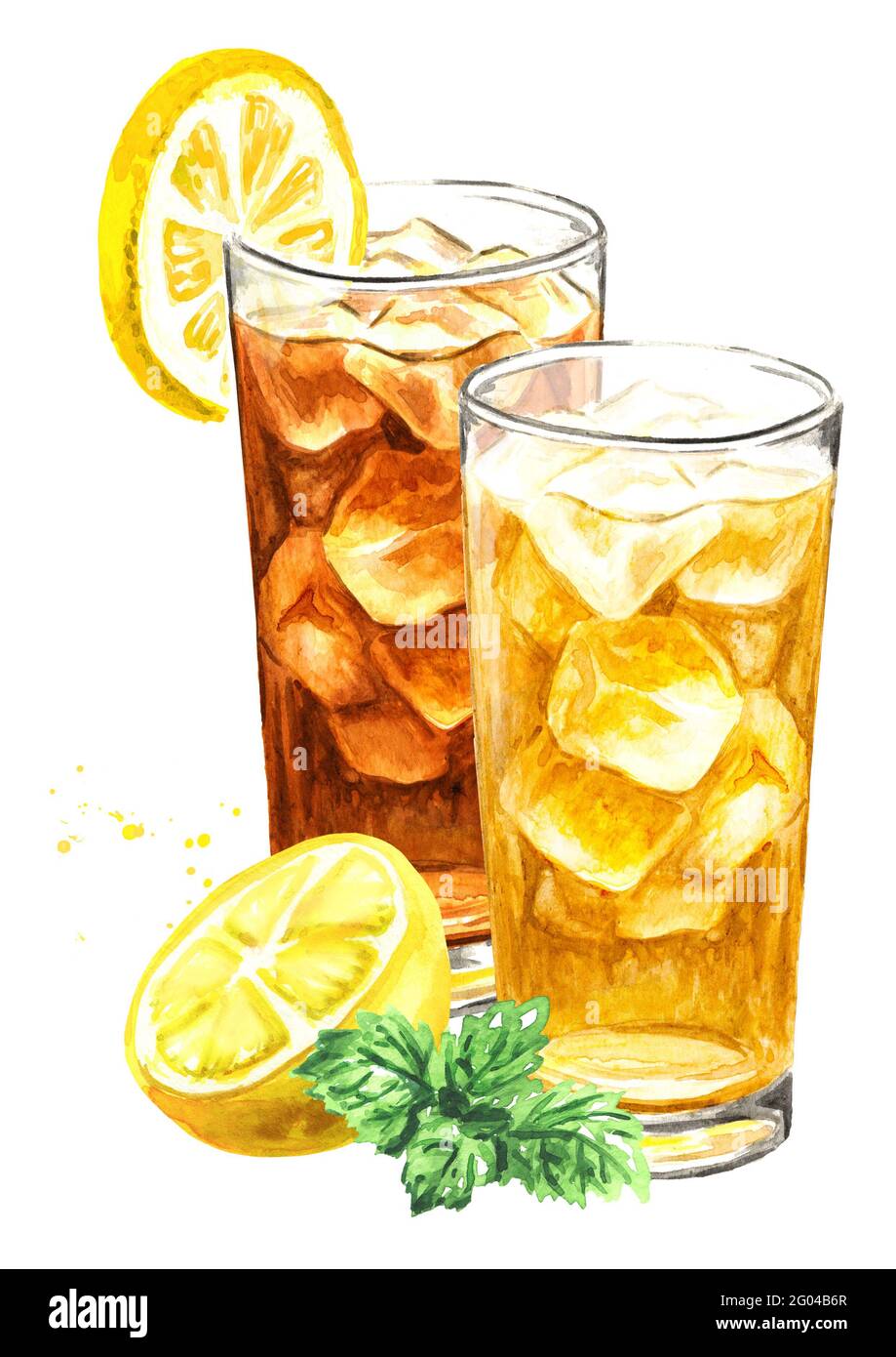 Glasses of ice tea with lemon and mint. Watercolor hand drawn ...