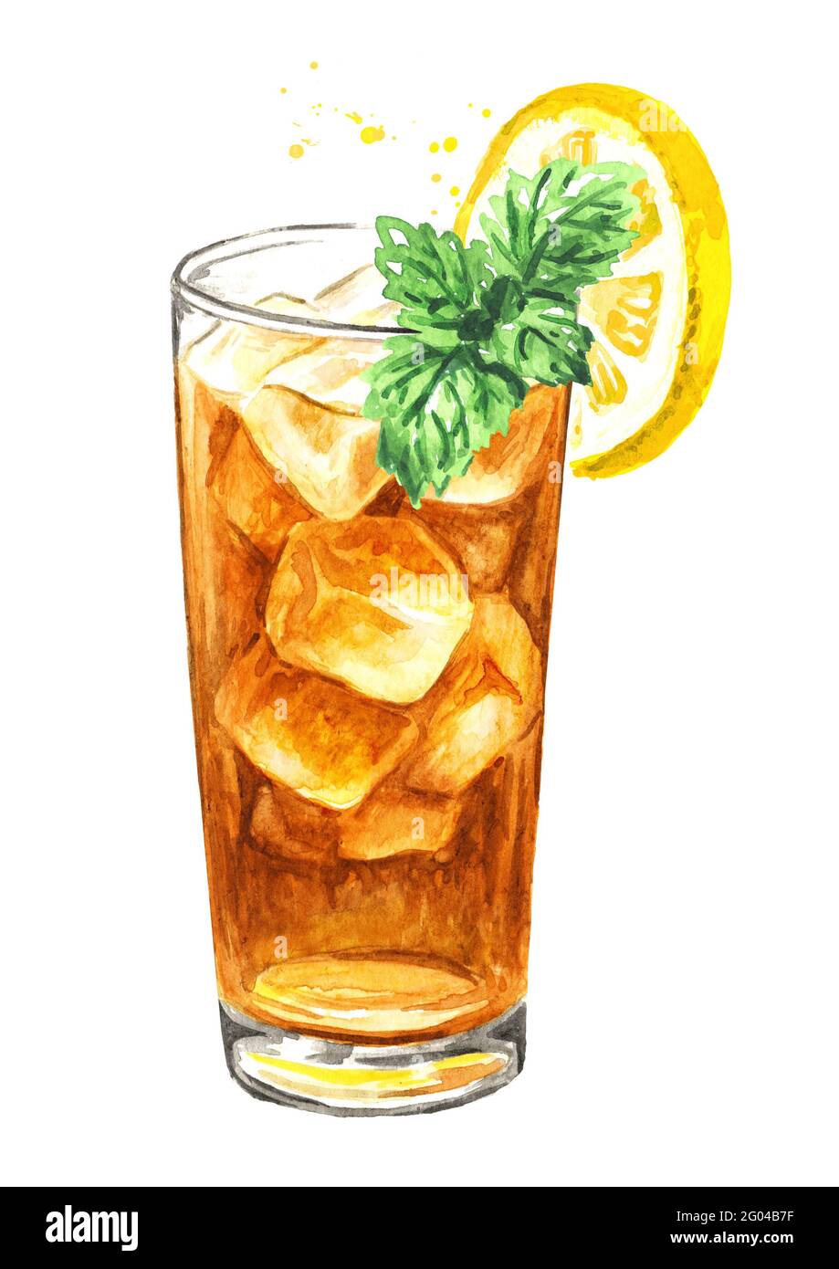 Glass of ice tea with slice of lemon and mint leaf. Watercolor hand ...