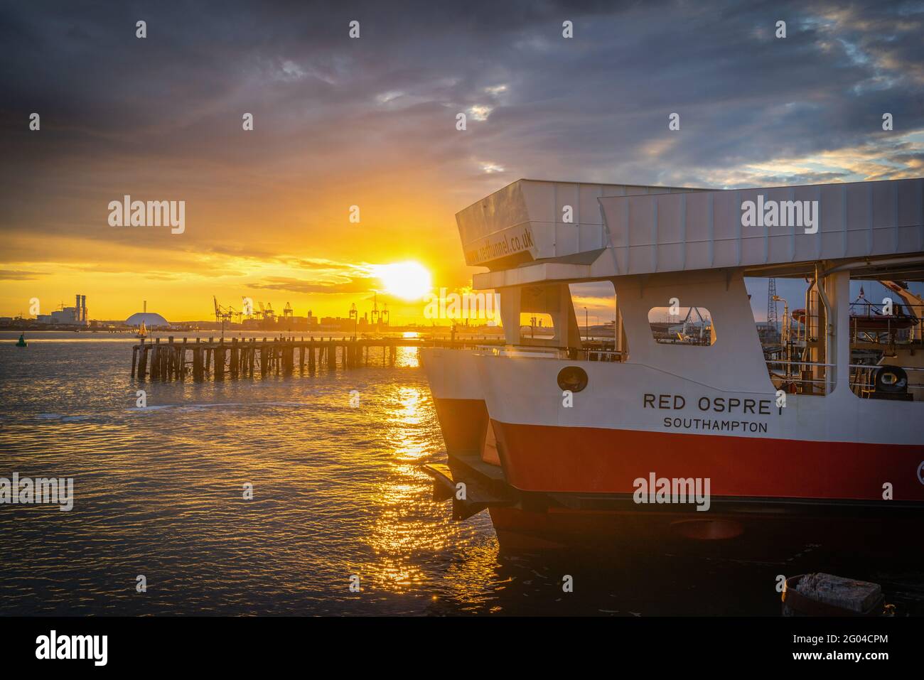 Red Osprey Red Funnel Car Ferry at sunset in the Docks of Southampton ...